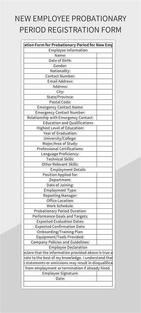 New Employee Probationary Period Registration Form Excel Template And