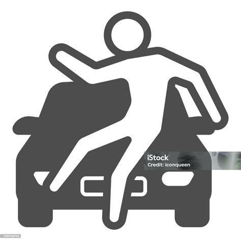 자동차 타격 인간 솔리드 아이콘 보험 이벤트 개념 벡터 그래픽 흰색 배경에 남자 기호와 자동차 충돌 모바일 또는 웹 디자인을위한 글리프 스타일 아이콘 거리에 대한 스톡 벡터