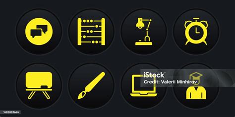 칠판 알람 시계 페인트 브러시 노트북 테이블 램프 주판 졸업 및 졸업 모자 말풍선 채팅 아이콘을 설정합니다 벡터 가구에 대한