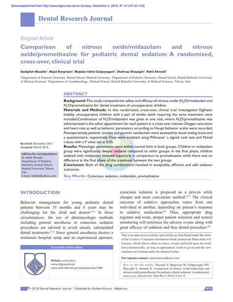 Pdf Comparison Of Nitrous Oxide Midazolam And Nitrous Oxide Promethazine For Pediatric Dental
