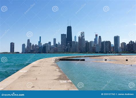Chicago Skyline Seen From A Curving Walkway At North Avenue Beach Along