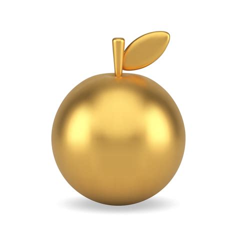 Golden Metallic Circle Apple With Twig Leaf Realistic 3d Icon Vitamin Organic Seasonal Fruit