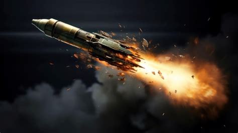 Premium Ai Image Projectile In Flight With Trail Of Fire And Smoke Behind It Against Dark Sky