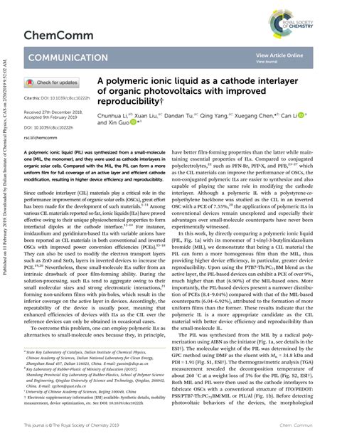 Pdf A Polymeric Ionic Liquid As A Cathode Interlayer Of Organic Photovoltaics With Improved