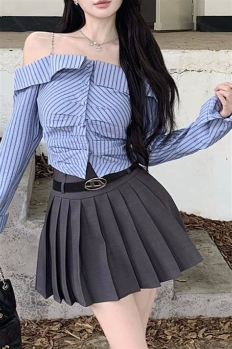Set 스트라이프 오프숄더 긴소매 롱슬리브 셔츠 플리츠 미니 스커트 투피스 세트