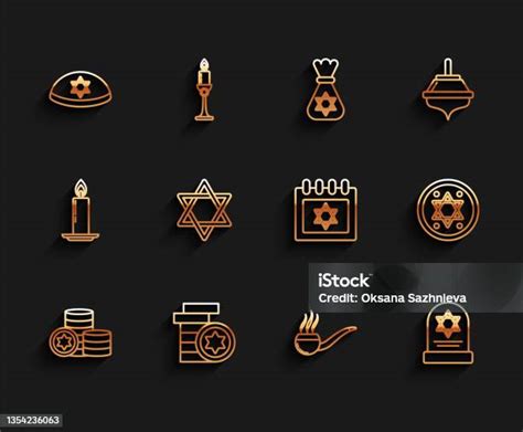 세트 라인 유대인 동전 다윗의 별키파 흡연 파이프 연기 삭제 표시 스타 데이비드 달력 아이콘 벡터 0명에 대한 스톡 벡터 아트