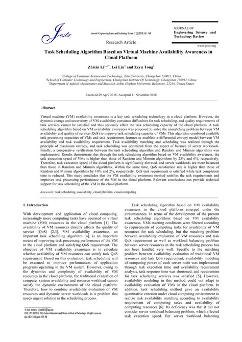 pdf task scheduling algorithm based on virtual machine availability awareness in cloud platform