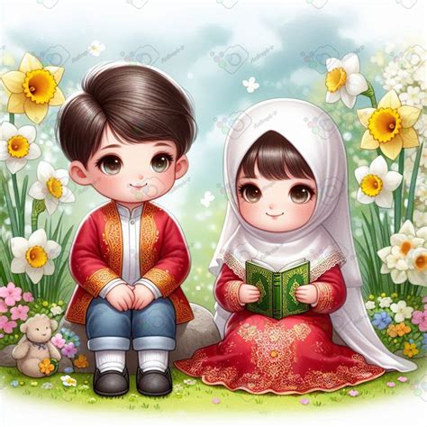 بک گراند کودکانه دختر کوچولوی ناز با حجاب قرآن در دست و پسر کوچولو نشسته در باغ گل نرگس کد 42880
