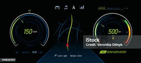 전기 자동차 대시 보드 다양한 표시기 픽토그램 아이콘 및 전력 벡터 일러스트레이션 템플릿에서 실행되는 자동차에 대한 게이지가 있는 Ev 자동 Ui 차에 대한 스톡 벡터 아트