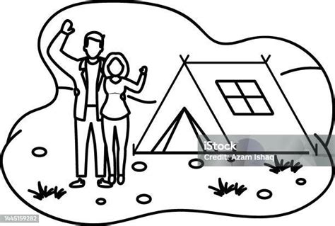 여름 캠프 개념을 즐기는 귀여운 커플 좋은 시간 벡터 개요 아이콘 디자인을 가진 친구들과 휴일 야외 주말 활동 기호 관광 휴가