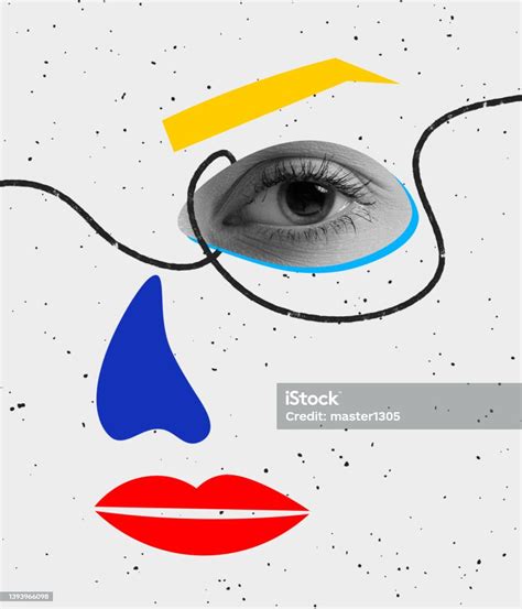 현대적이고 화려하고 개념적인 밝은 아트 콜라주 회색 배경에 고립 된 여성의 눈과 그려진 얼굴 요소 20 24세에 대한 스톡 사진 및 기타 이미지 Istock