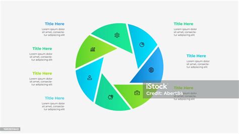 원형 다이어그램은 중앙에 칠각형이 있는 7개의 부분으로 나뉩니다 비즈니스 프로젝트 인포그래픽의 7가지 옵션 템플릿 디자인 요소에 대한 스톡 벡터 아트 및 기타 이미지