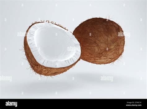 Open Coconut And Whole Coconut On A White Studio Background Minimal Concept Perspective View