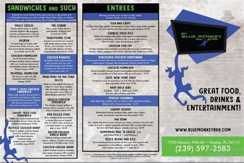 Menu The Blue Monkey Bar And Grille