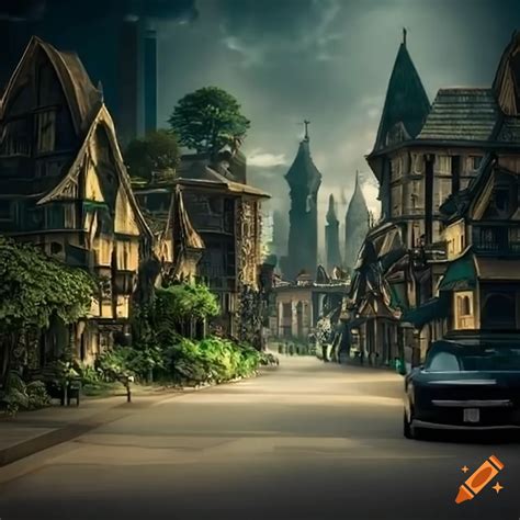 Futuristic Elven Town With Modern Streets Statues And Luxury Cars On