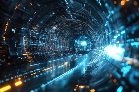 A Futuristic Digital Tunnel Illuminated By Blue Lights And Data Streams