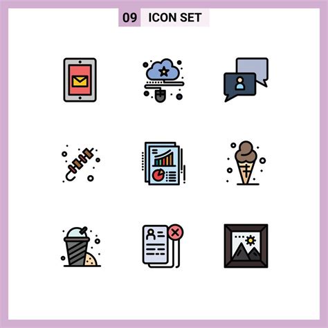 Mobile Interface Filledline Flat Color Set Of 9 Pictograms Of Summer Brochette Online Bbq User