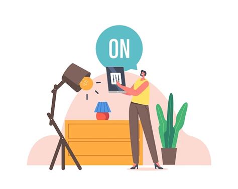 Premium Vector Female Character Change Settings On Tablet Remotely Control Lamps Glowing Light