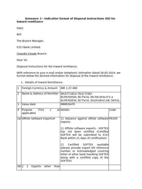 Annexure 3 Indicative Format Of Disposal Instructions With Fema Decln 1 1 Pdf Receipt