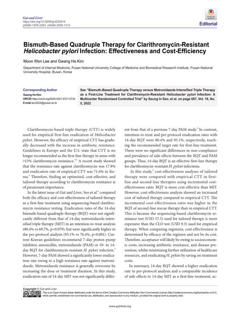 Pdf Bismuth Based Quadruple Therapy For Clarithromycin Resistant Helicobacter Pylori Infection