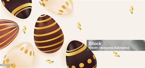 해피 부활절 날 배경 현실적인 초콜릿 골드 달걀 휴일 개념 템플릿 레이아웃 복사 공간 갈색 베이지 색상의 벡터 일러스트 레이 션 갈색에 대한 스톡 벡터 아트 및 기타 이미지