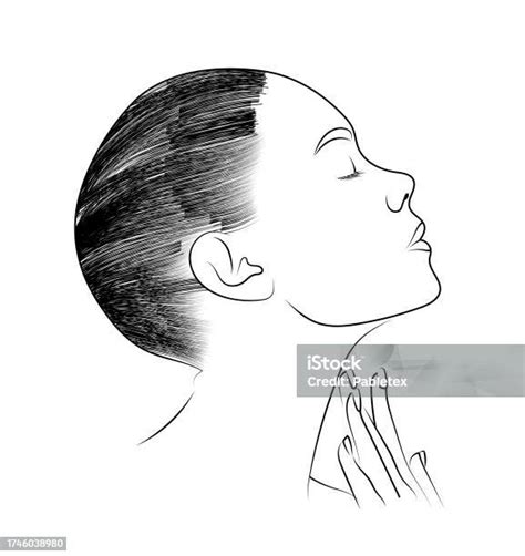 아름 다운 여자 소녀 얼굴 프로필 목에 손을 대고 머리를 위로 올린 측면도 스케치 잉크 스트로크 손으로 그린 흑백 그림 흰색
