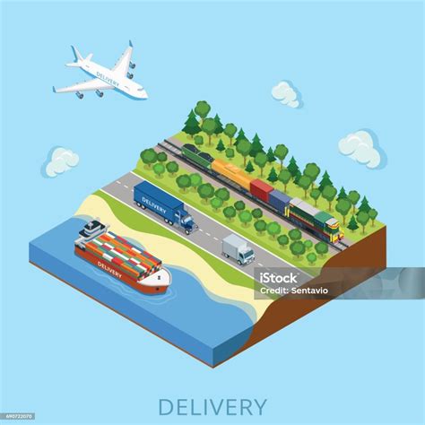 화물 트럭 바지선 평면 벡터 일러스트 레이 션 평면 아이소메트릭 열차 3d 아이소메트리 철도도 물 공기 운송 운송 배달 개념 기업 재무와 산업에 대한 스톡 벡터 아트 및