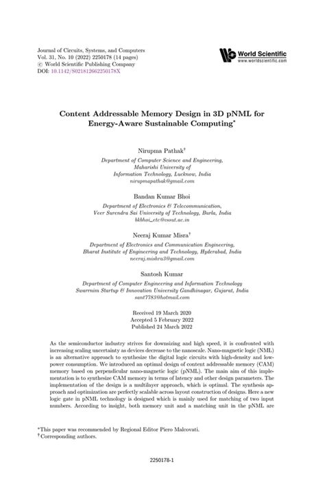 Content Addressable Memory Design In 3d Pnml For Energy Aware Sustainable Computing Pdf