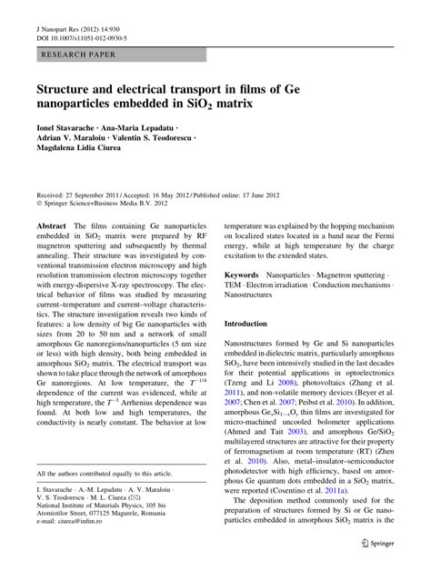 Pdf Structure And Electrical Transport In Films Of Ge Nanoparticles