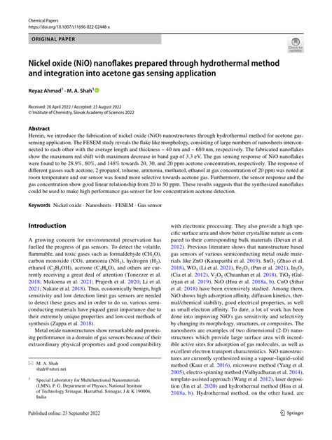 Pdf Nickel Oxide Nio Nanoflakes Prepared Through Hydrothermal Method And Integration Into