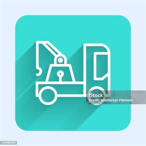 긴 그림자로 격리 된 흰색 라인 견인 트럭 아이콘입니다 녹색 사각형 버튼입니다 벡터 일러스트레이션 건설 기계류에 대한 스톡 벡터 아트 및 기타 이미지 Istock