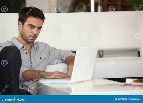 Man Checking His Emails Stock Photo Image Of Room Check
