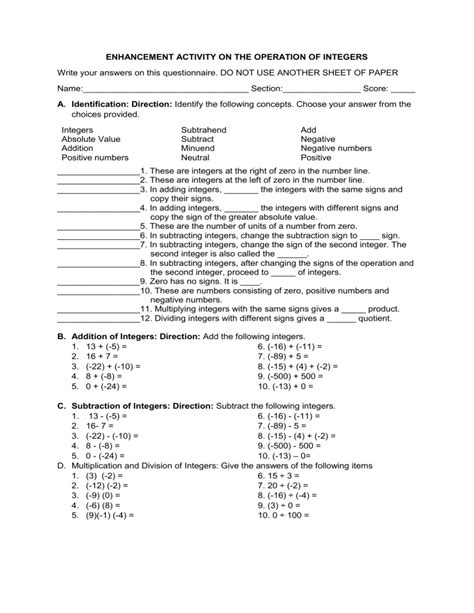 Integers Operations Worksheet Integers Operations Worksheet