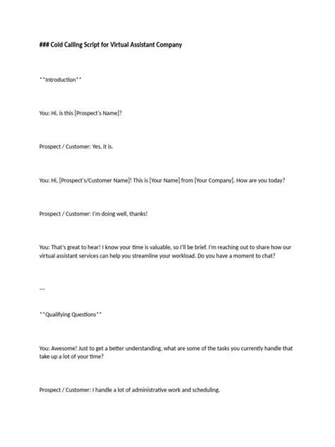 Cold Calling Script For Virtual Assistant Company Pdf