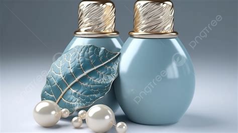 향수의 여러 파란색 병의 3d 모델 진주로 둘러싸인 일부 잎 위에 금속 리드가 있는 두 개의 파란색 크림 병의 3d 렌더링 고화질 사진 사진 하얀색 배경 일러스트 및
