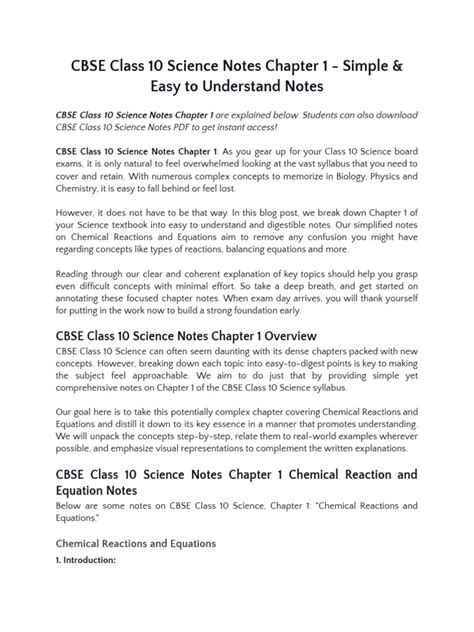 Cbse Class 10 Science Notes Chapter 1 Pdf Chemical Reactions