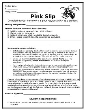 Student Homework Pink Slip Blank Fillable Template Fill Out Print