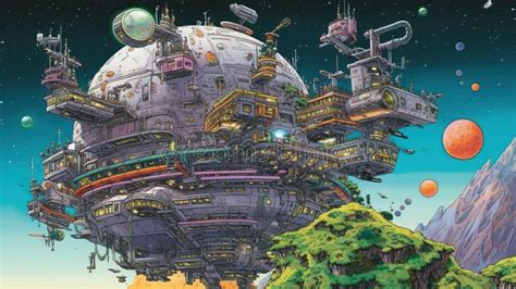 A Space Station Orbiting A Fantasy World Stock Illustration