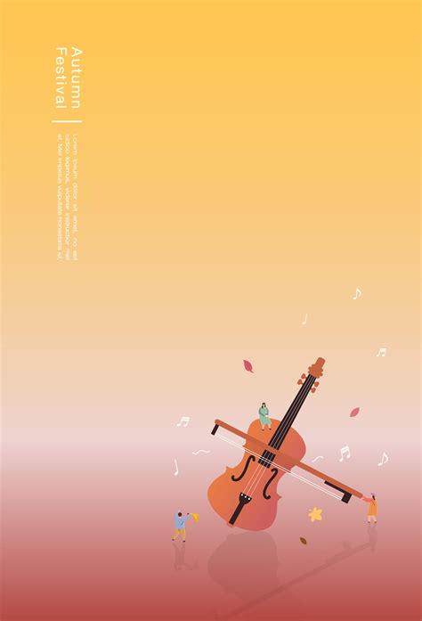 가을 감성 계절 그러데이션 낙엽 남자 노란색 단풍잎 들기 바이올린 백그라운드 분홍색 사람 서기 세명 앉기 여자 연주회 음악회 음표 일러스트 잡기 정면 축제 측면 카피스페이스