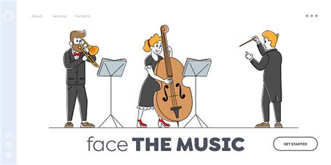 기악 앙상블 방문 페이지 템플릿입니다 악기와 지휘자 캐릭터가 있는 심포니 오케스트라 뮤지션들이 첼로와 트럼펫과 함께 무대에서 공연합니다 선형 벡터 사람 벡터 일러스트