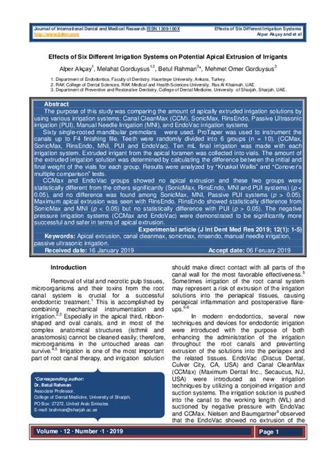 Pdf Effects Of Six Different Irrigation Systems On Potential Apical Extrusion Of Irrigants