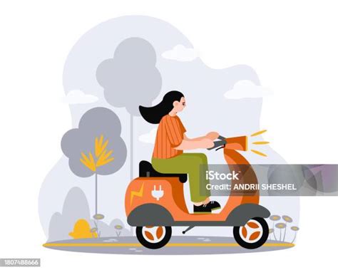 밖에 스쿠터를 타고 있는 여성 전기 모터를 이용한 친환경 운송 도시 거리에 대한 스톡 벡터 아트 및 기타 이미지 도시 거리 운전하기 기계류 Istock