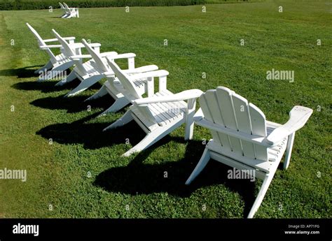 White Lawn Chairs On Summer Green Lawn Block Island Rhode Island Usa