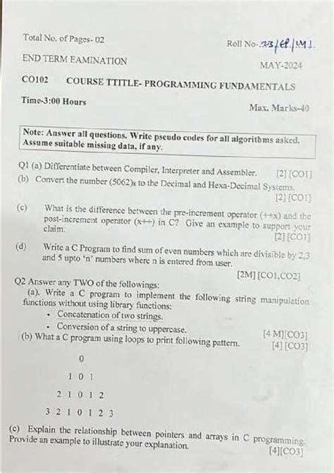 Endsem May 2024 Pyq Total No Of 02 Roll End Term Eamination Co102 Course Programming