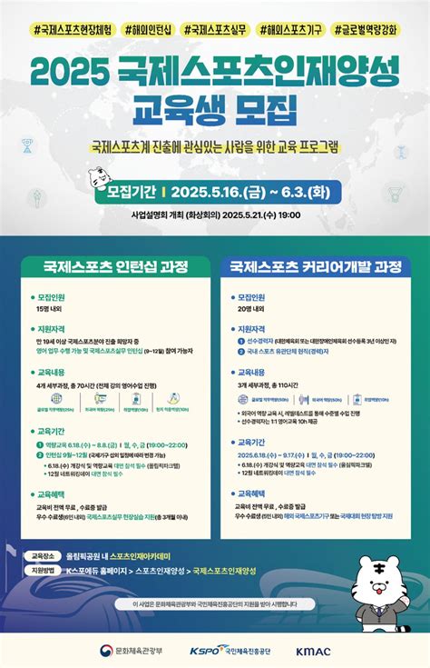 Kmac 국민체육진흥공단과 ‘2025 국제스포츠인재양성 프로그램 교육생 모집 Zum 뉴스