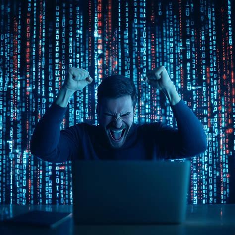 A Hacker Celebrating After Successfully Phising A Victim With Digital