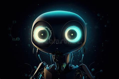 Cute Robot With Big Eyes On Dark Background Generative Ai Stock Illustration Illustration Of