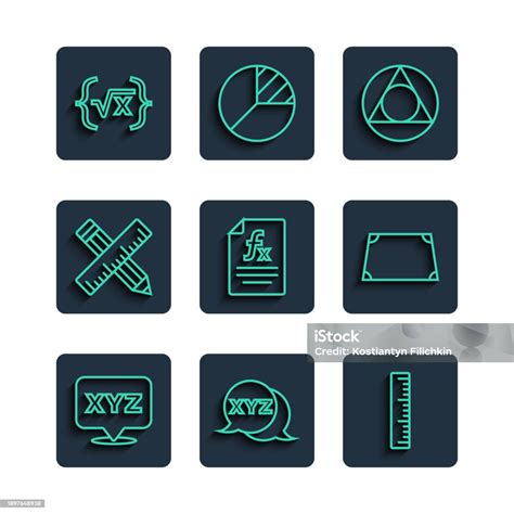 선 설정 Xyz 좌표계 눈금자 삼각형 수학 함수 수학 기호 십자 눈금자와 연필 X 글리프의 제곱근 및 예리한 사다리꼴 모양