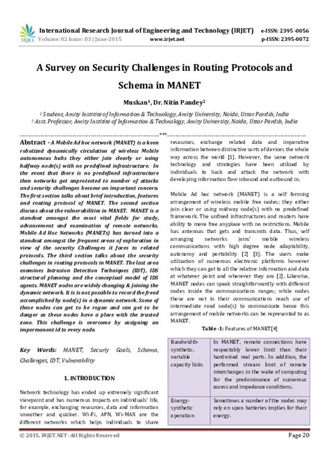 Pdf Irjet A Survey On Security Challenges In Routing Protocols And Schema In Manet Irjet