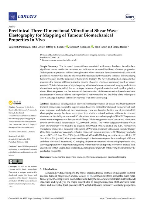Pdf Preclinical Three Dimensional Vibrational Shear Wave Elastography For Mapping Of Tumour